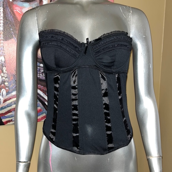 Tops | Strapless Black Bustier Corset Cupped Size Small Lace Sheer ...